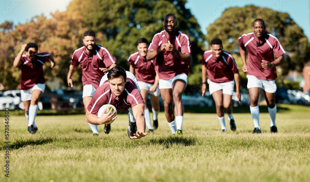 Foto de Rugby, athlete on grass field and sports game with men, team ...