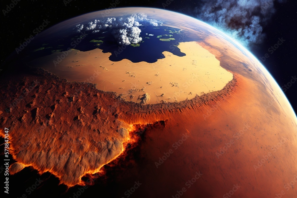 an illustration of earth seen from space burning on one side, climate ...