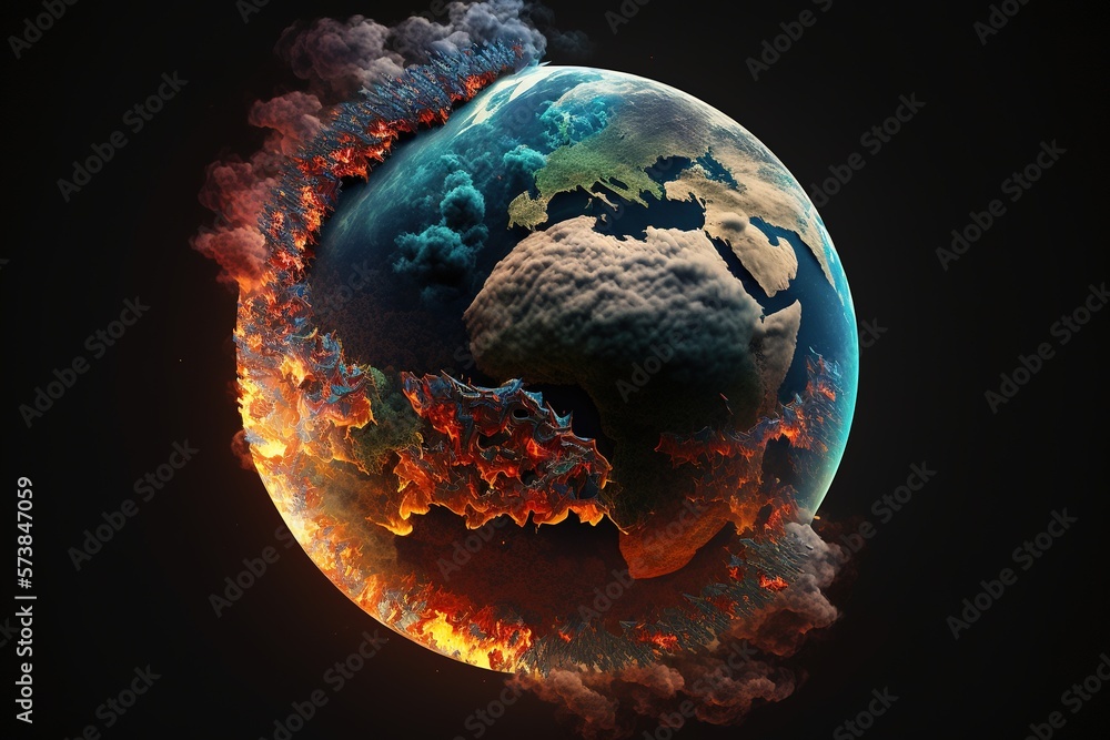 an illustration of earth seen from space burning on one side, climate change global warming ...