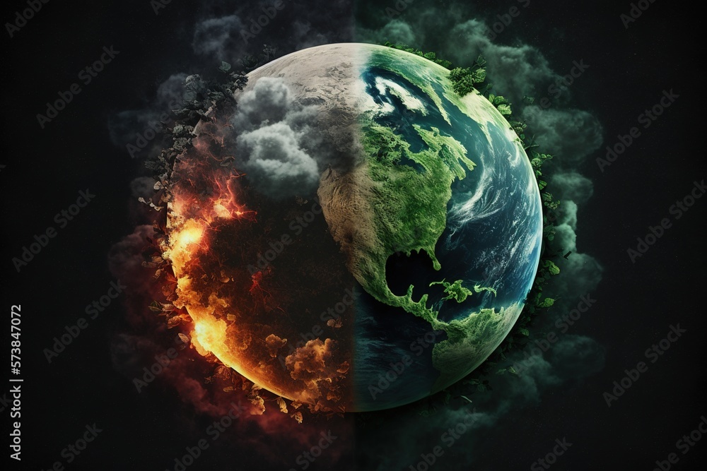 an illustration of earth seen from space burning on one side, climate change global warming ...