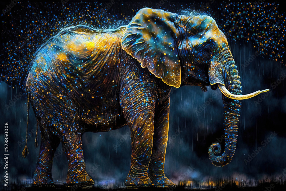 Elephant in splashes of colour coloured ink dramatic light Drops shiny ...