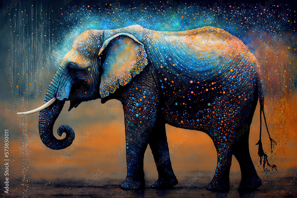Elephant in splashes of colour coloured ink dramatic light Drops shiny ...