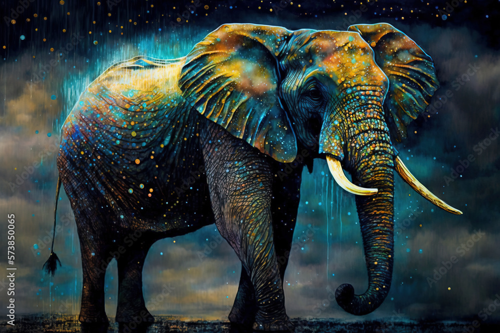 Elephant in splashes of colour coloured ink dramatic light Drops shiny ...