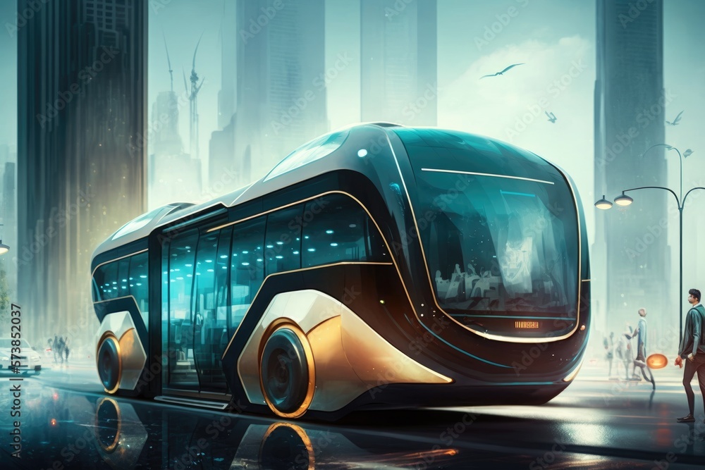 Sci-fi futuristic city bus, self-driven transportation concept generative ai 3D style ...
