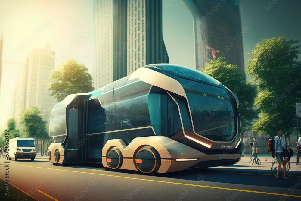 Sci-fi futuristic city bus, self-driven transportation concept ...