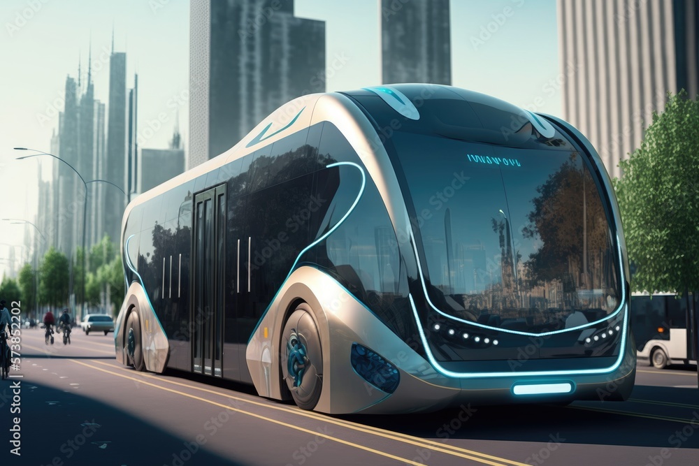Sci-fi futuristic city bus, self-driven transportation concept ...