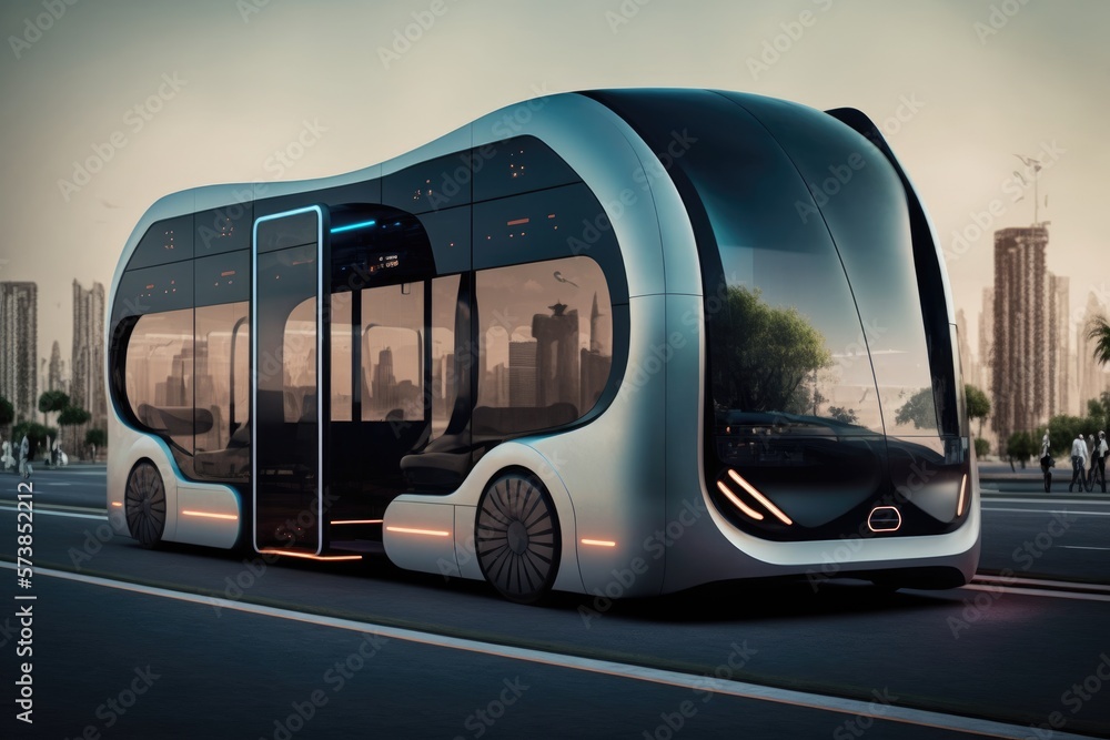 Sci-fi futuristic city bus, self-driven transportation concept ...