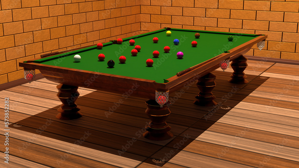 Billiard table with balls and cue. The 3d models in the image were made ...