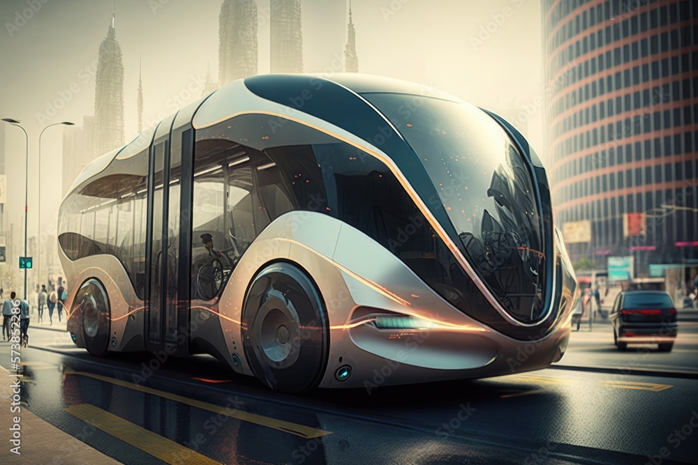 Sci-fi futuristic city bus, self-driven transportation concept ...