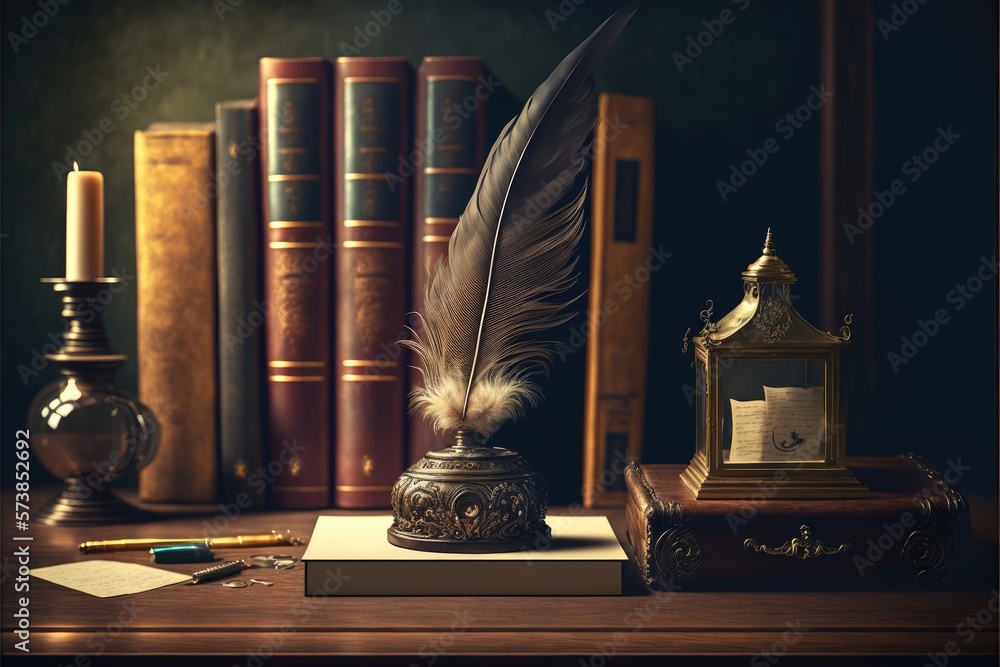 vintage retro Old quill pen with inkwell with books generative ai Stock ...