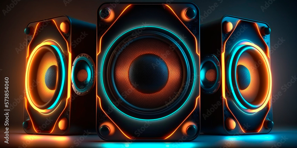 Illustration of neon light sound speakers music boxes AI generated ...