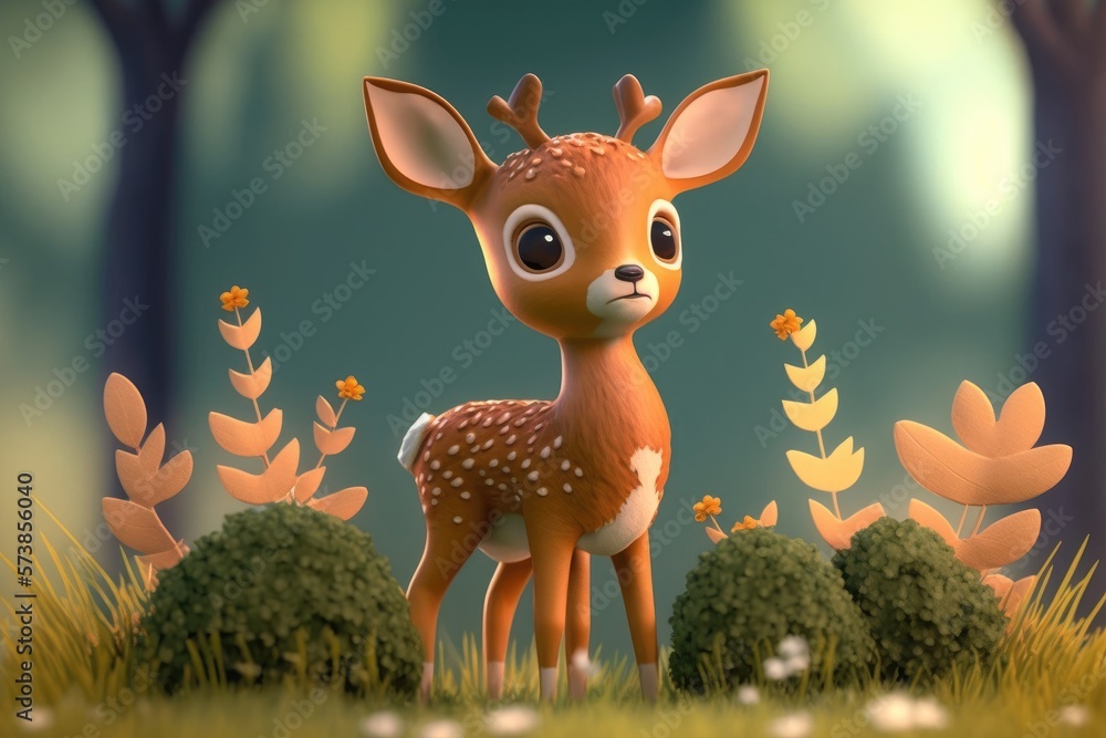 a cute adorable baby deer character stands in nature in the style of ...