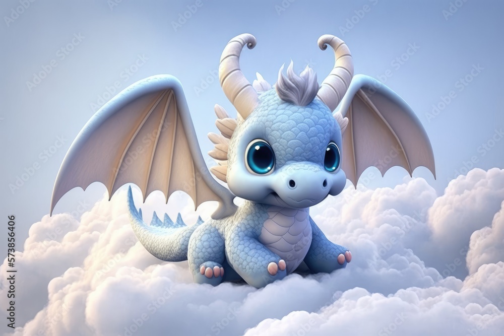 a cute adorable baby dragon character in clouds in the style of ...
