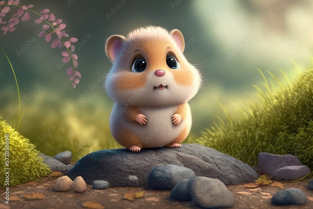 a cute adorable hamster character stands in nature in the style of ...