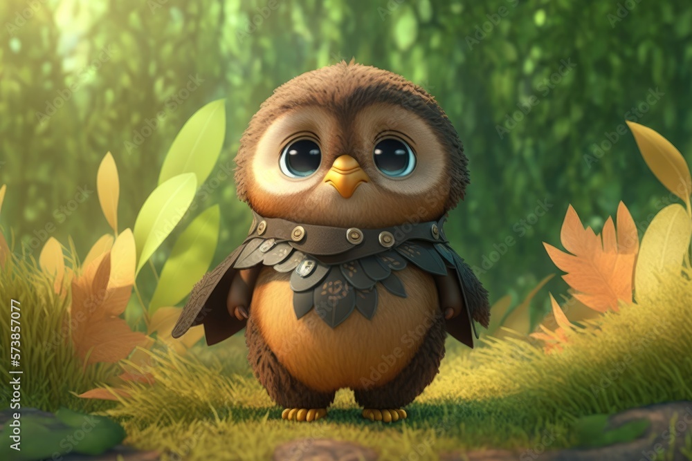 a cute adorable owl character stands in nature in the style of children ...