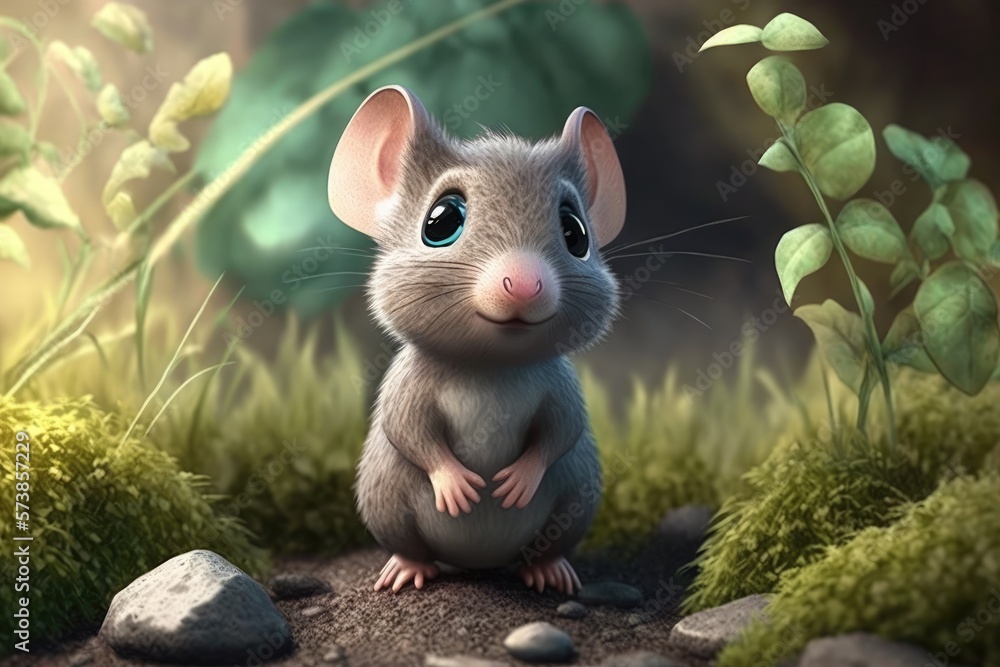 a cute adorable mouse character stands in nature in the style of ...