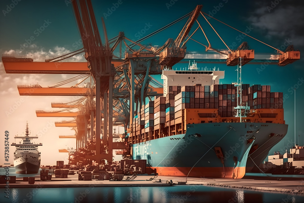 Crane loading cargo container import container ship in the ...