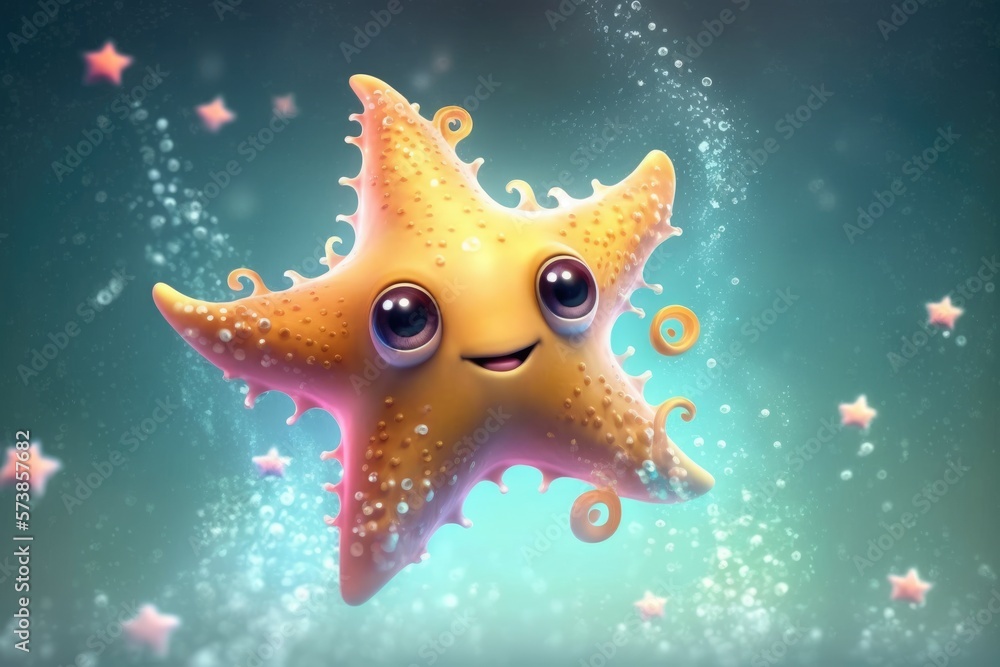 a cute adorable starfish character in water in the style of children ...