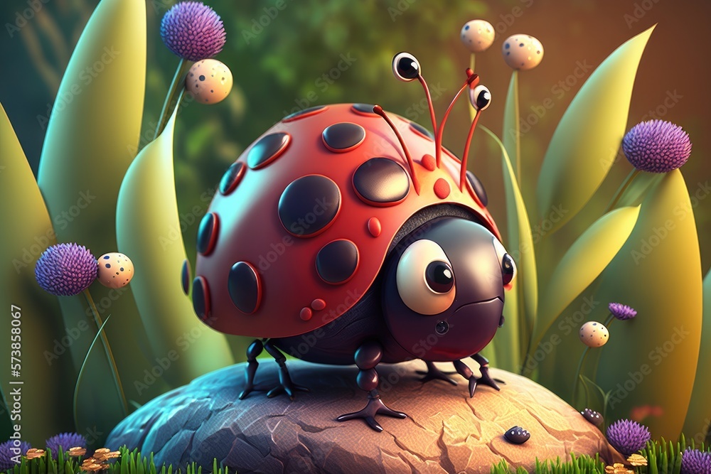 a cute adorable ladybug character stands in nature in the style of ...