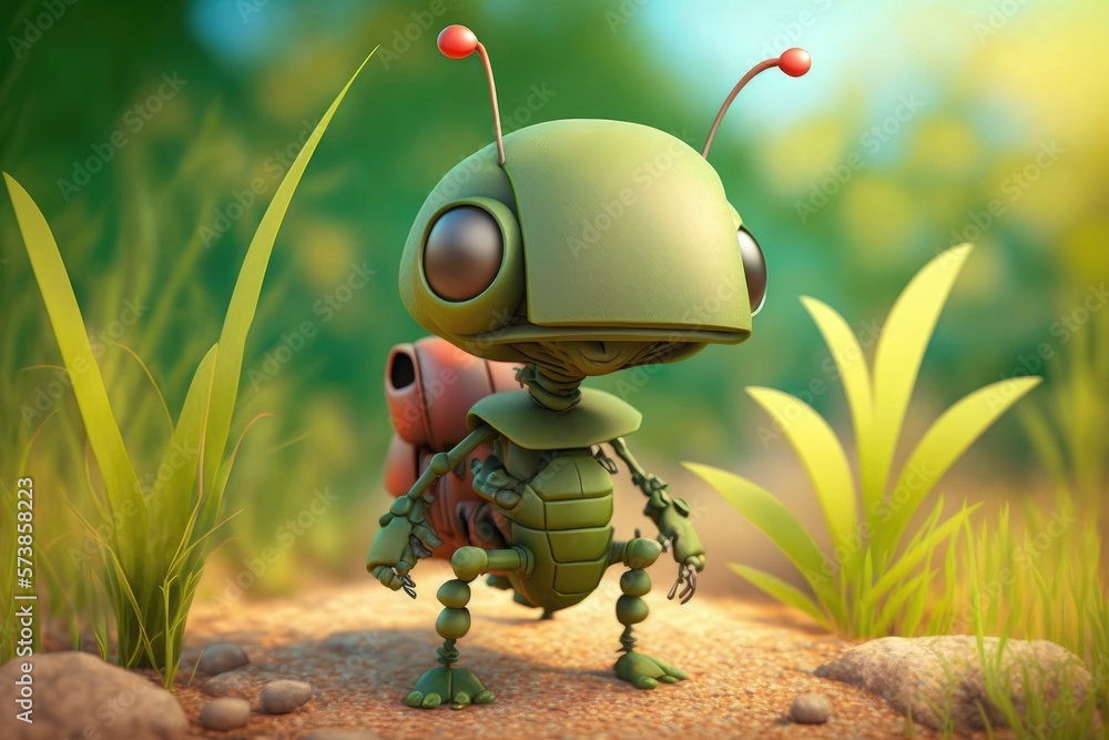 a cute adorable soldier ant character stands in nature in the style of ...