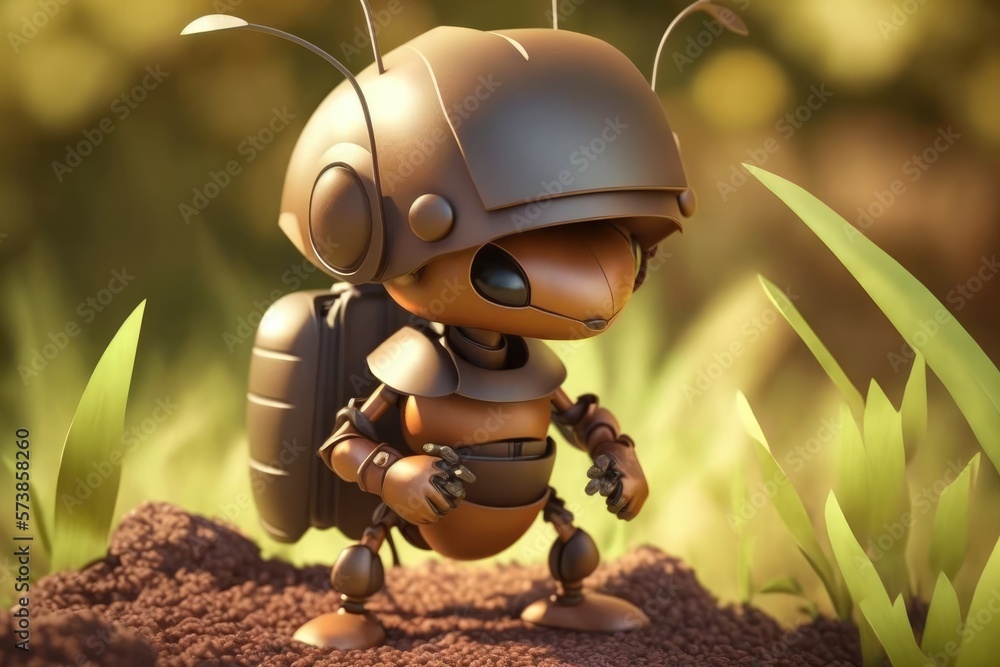 a cute adorable soldier ant character stands in nature in the style of ...