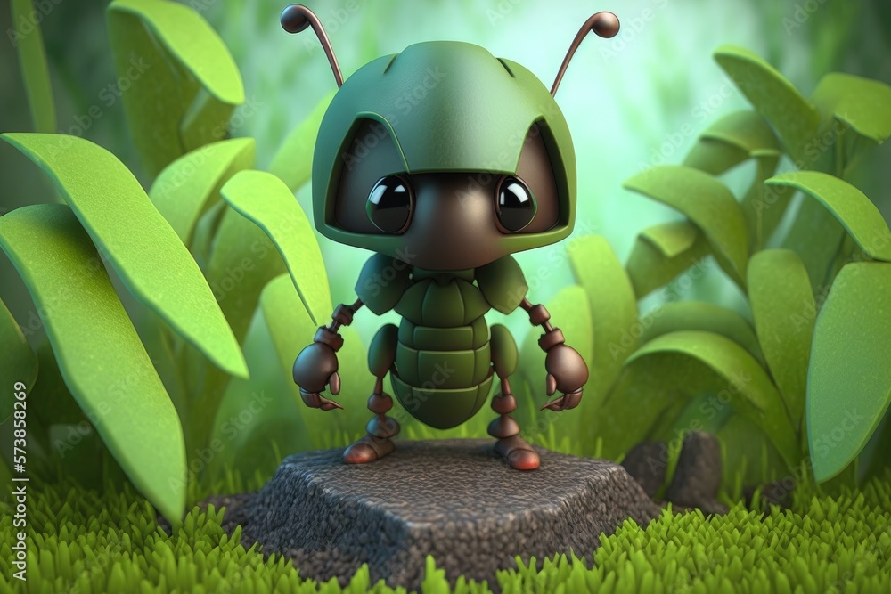 a cute adorable soldier ant character stands in nature in the style of ...