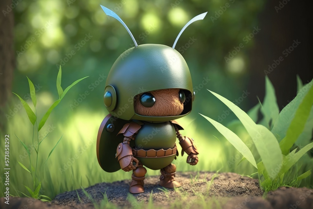 a cute adorable soldier ant character stands in nature in the style of ...