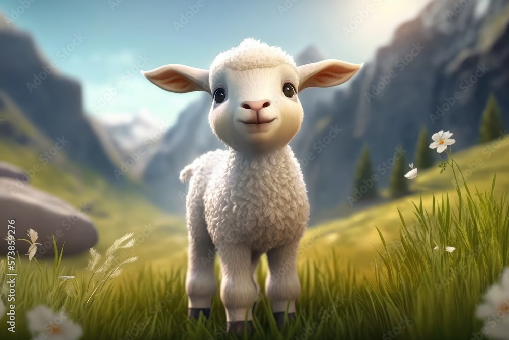 a cute adorable lamb character stands in nature in the style of children-friendly cartoon ...
