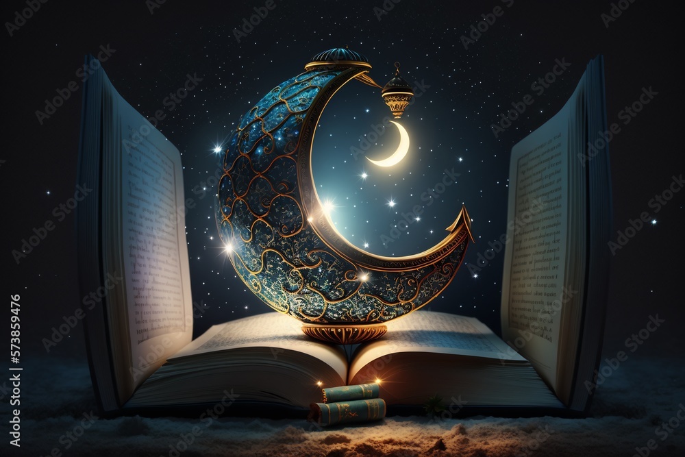 "Ramadan Crescent Moon Quran Book. Card Design Concept." Generative AI ...