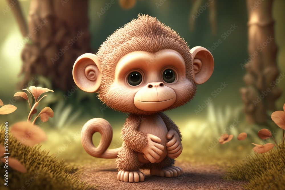 a cute adorable monkey character stands in nature in the style of ...