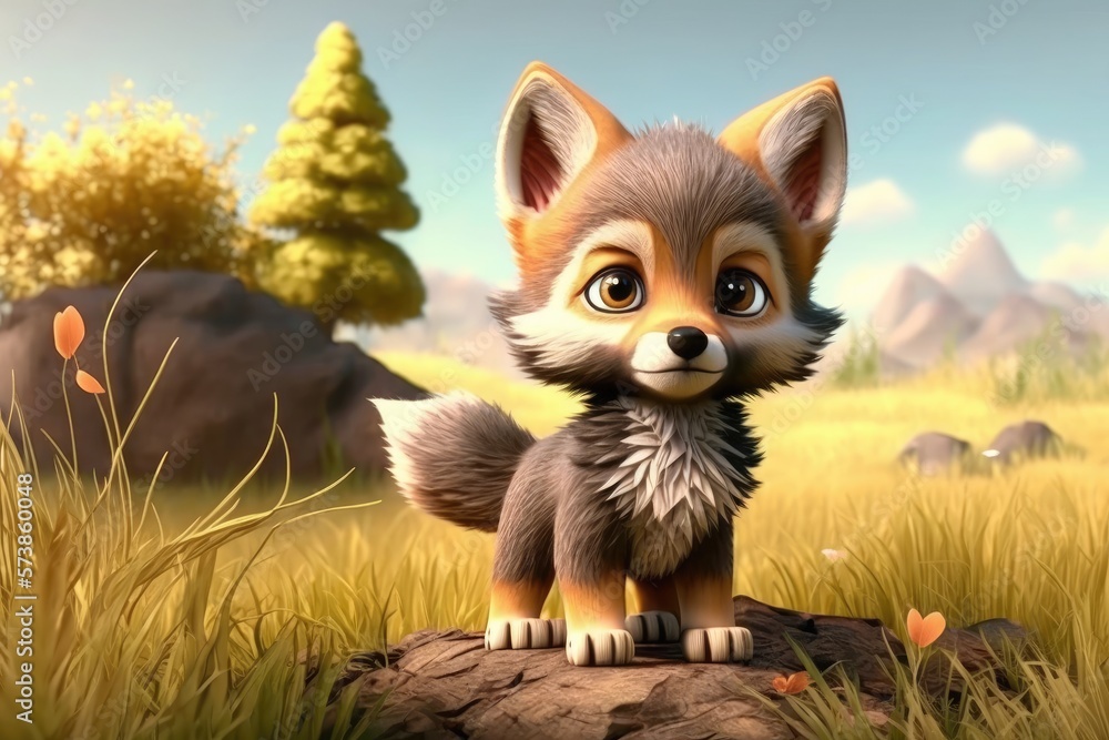 a cute adorable wolf character stands in nature in the style of ...