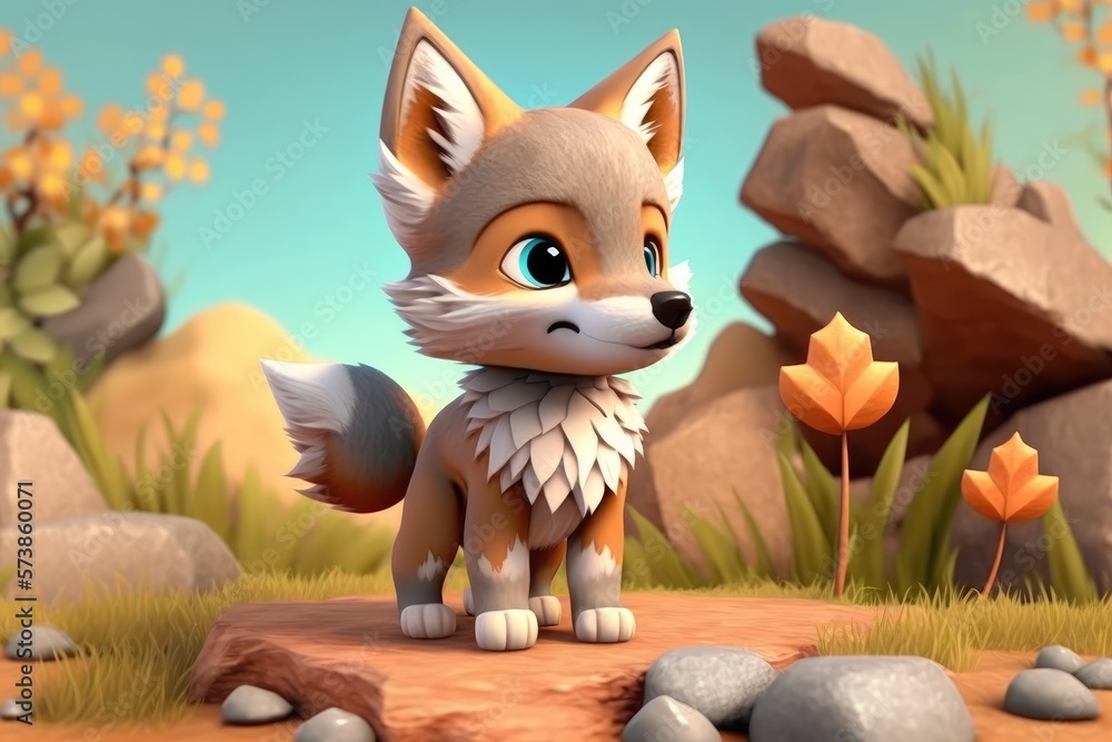 a cute adorable wolf character stands in nature in the style of ...