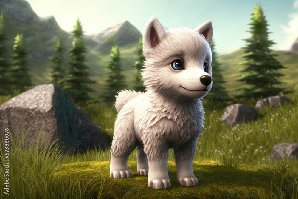 a cute adorable wolf character stands in nature in the style of ...