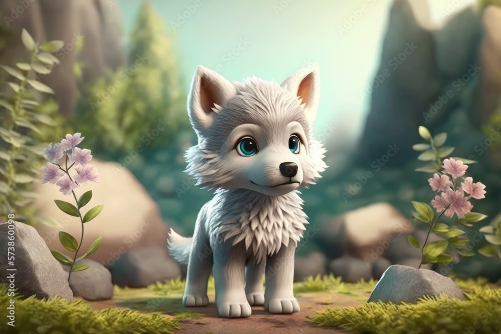 a cute adorable wolf character stands in nature in the style of ...