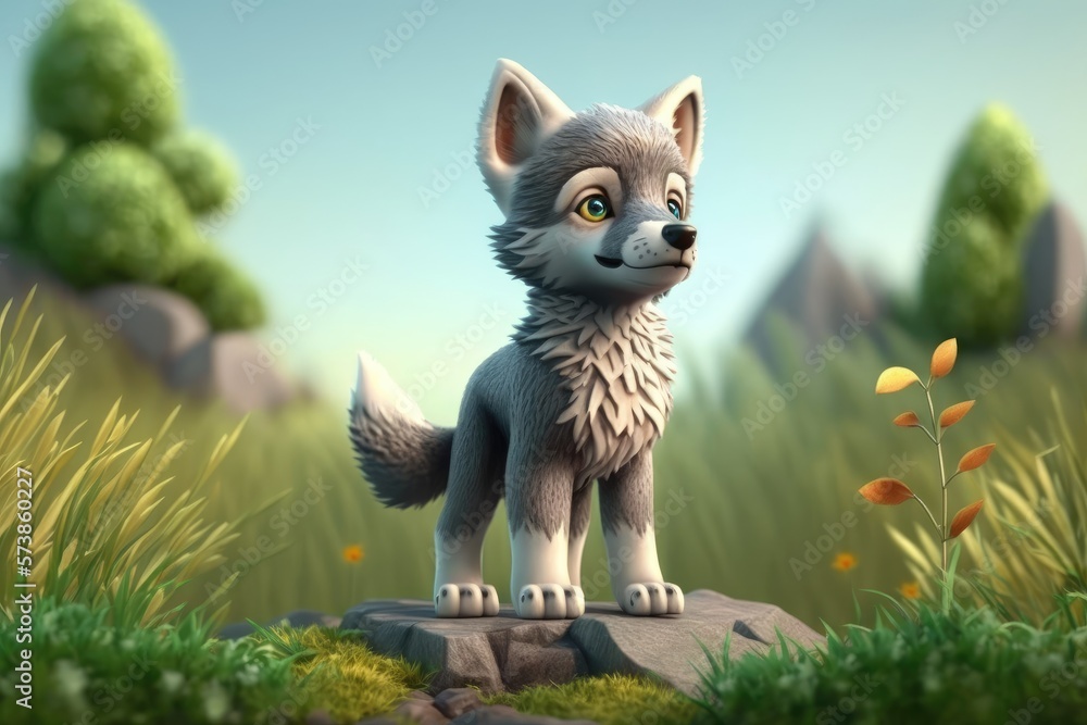 a cute adorable wolf character stands in nature in the style of ...