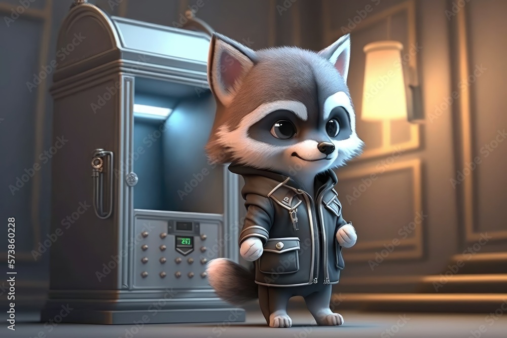 a cute adorable thief fox character stands in nature in the style of ...
