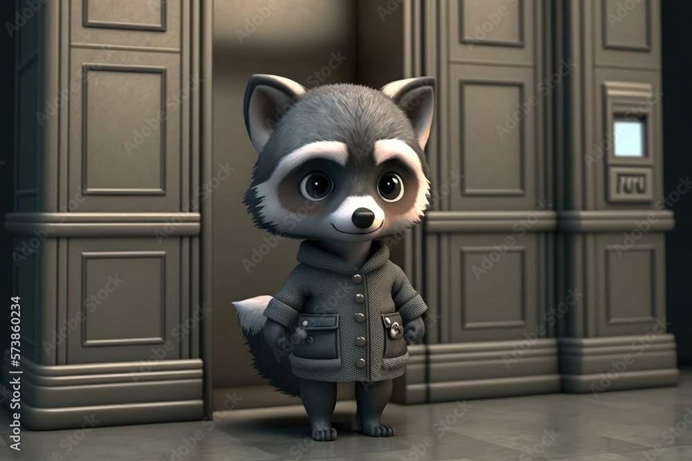 a cute adorable thief fox character stands in nature in the style of ...