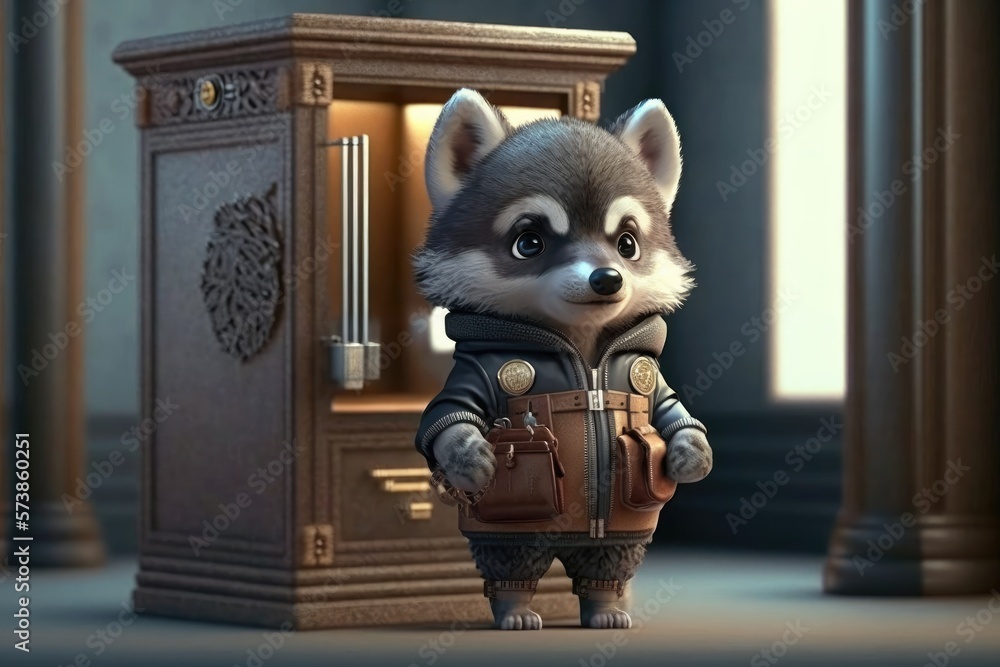 a cute adorable thief fox character stands in nature in the style of ...