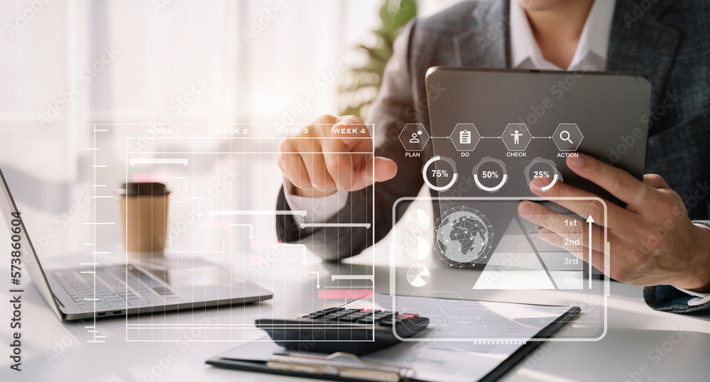 Businessman hand Project manager working and update tasks and Gantt ...