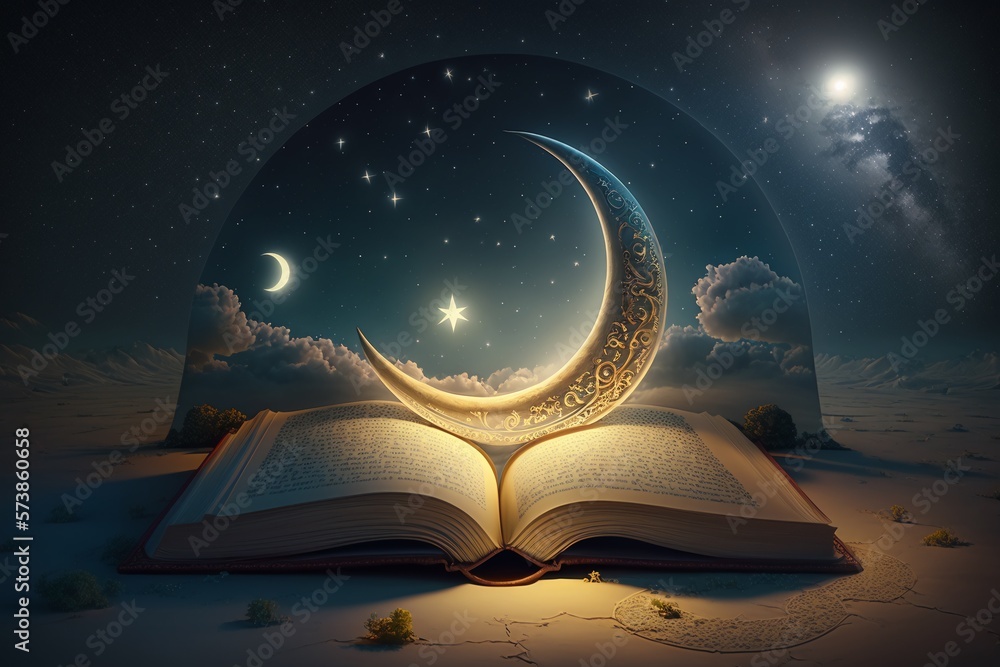 "Ramadan Crescent Moon Quran Book. Card Design Concept." Generative AI ...