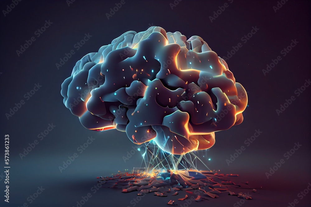 A computer generated image of a brain in a dark room with a blue ...