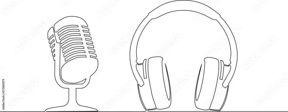 continuous single line drawing of microphone and headphones, podcast ...
