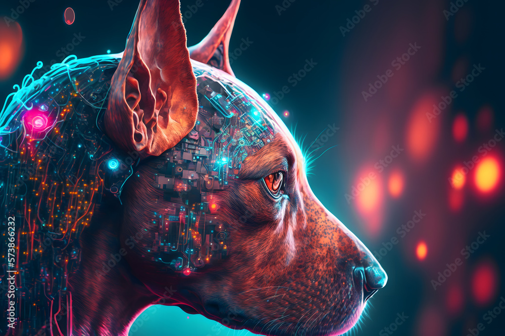 Portrait of a futuristic robot dog. An artistic abstract cyberpunk ...
