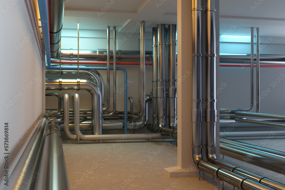 ภาพประกอบสต็อก Pipes for cleaning sewer drains. Basement of residential ...