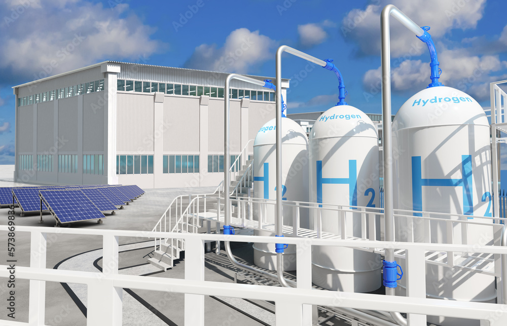 Hydrogen energy. Eco-power plant in Industrial zone. Solar panels under ...
