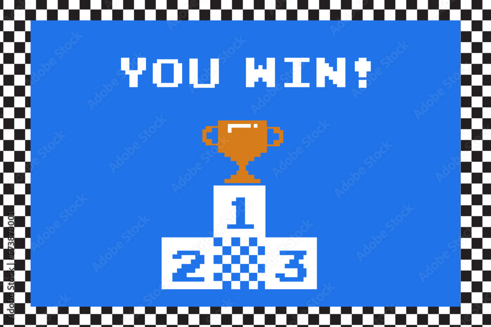 Pixel art 8-bit You Win text with winner golden cups on podium. Stock ...