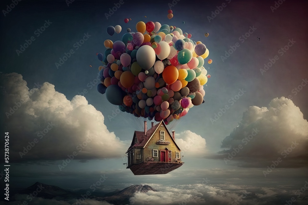A house floating in the air with balloons floating around it's head and ...