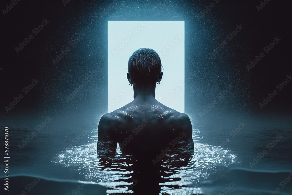 A man standing in the water looking out of a doorway at the ocean with ...