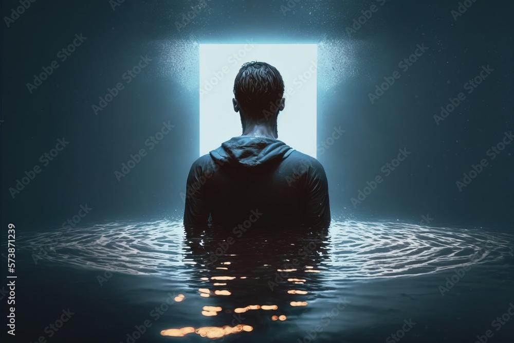 A man standing in a dark room with a light coming from the door and ...