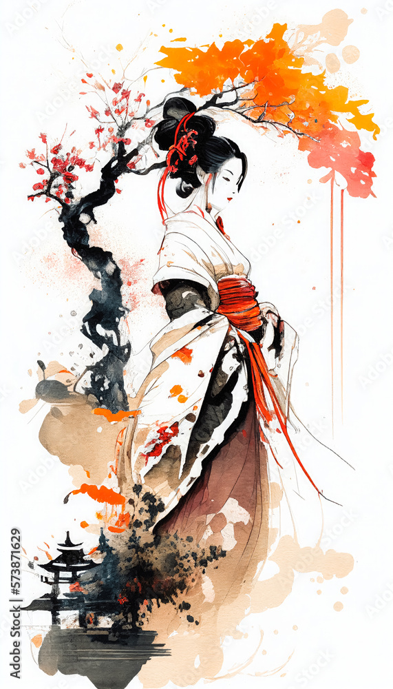 Generative AI, Japanese Ink Painting Style Illustration Stock ...